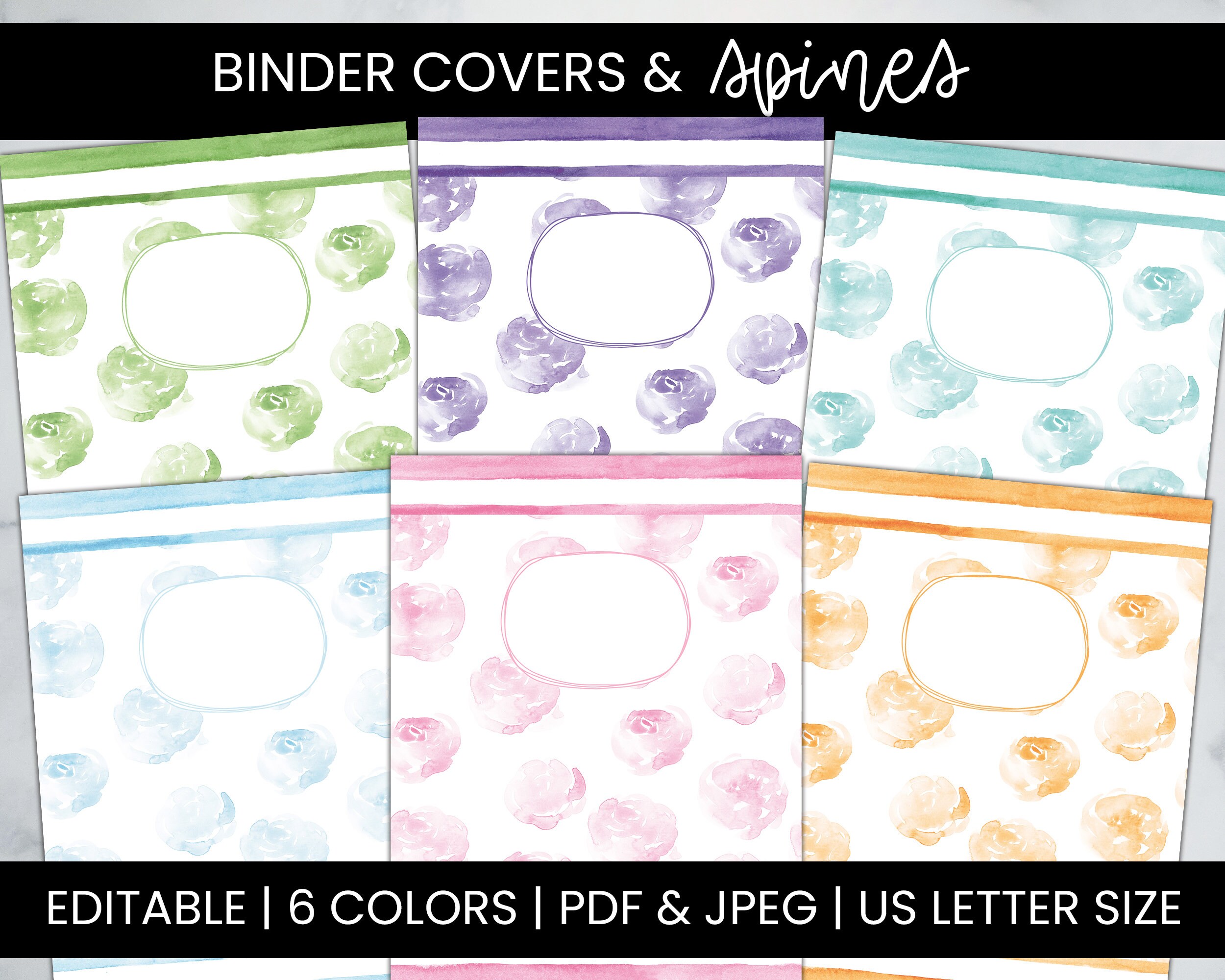 Binder Covers & Spines Editable Watercolor Roses 6 Colors - Etsy