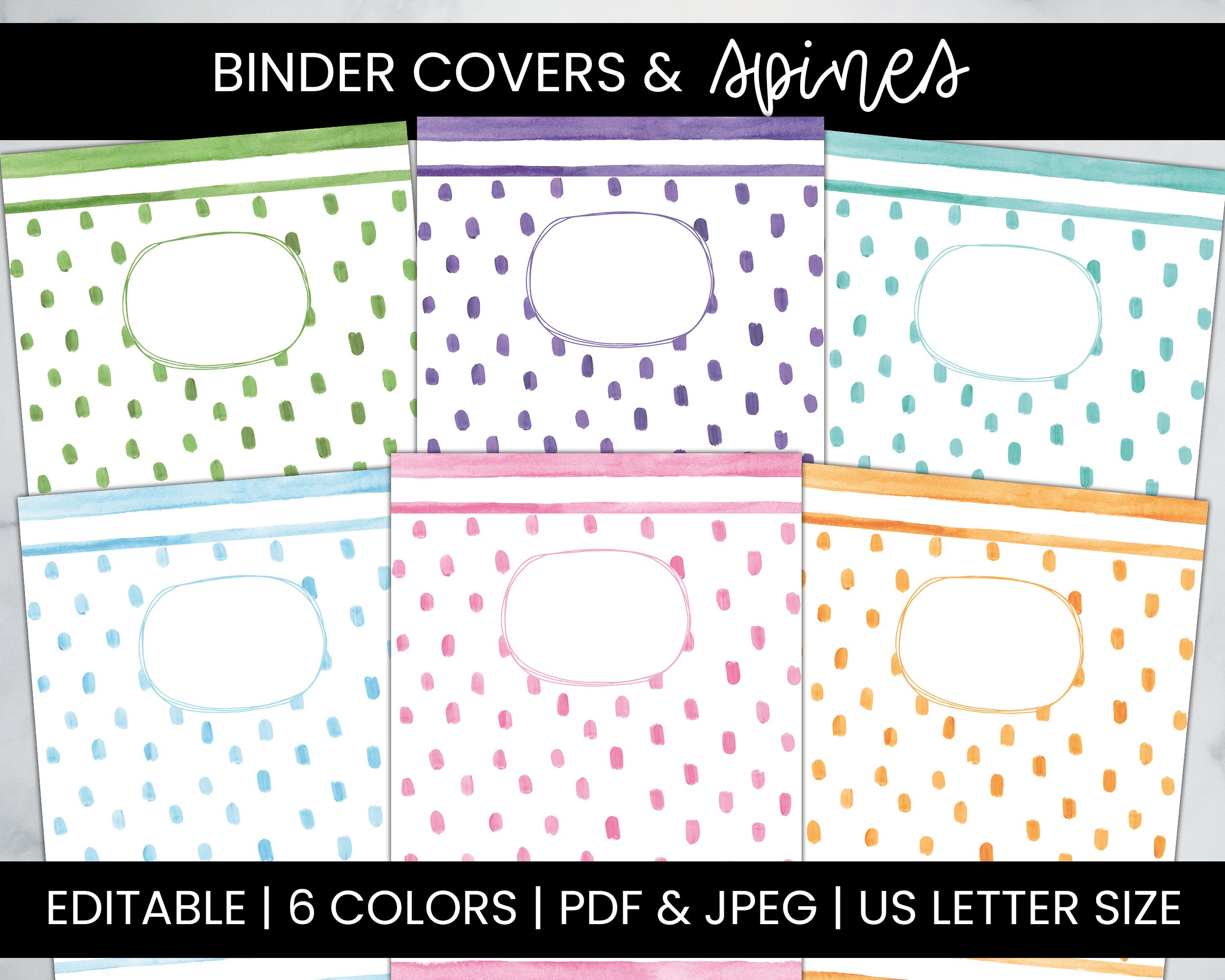 Binder Covers & Spines Editable Watercolor Dots 6 Colors - Etsy