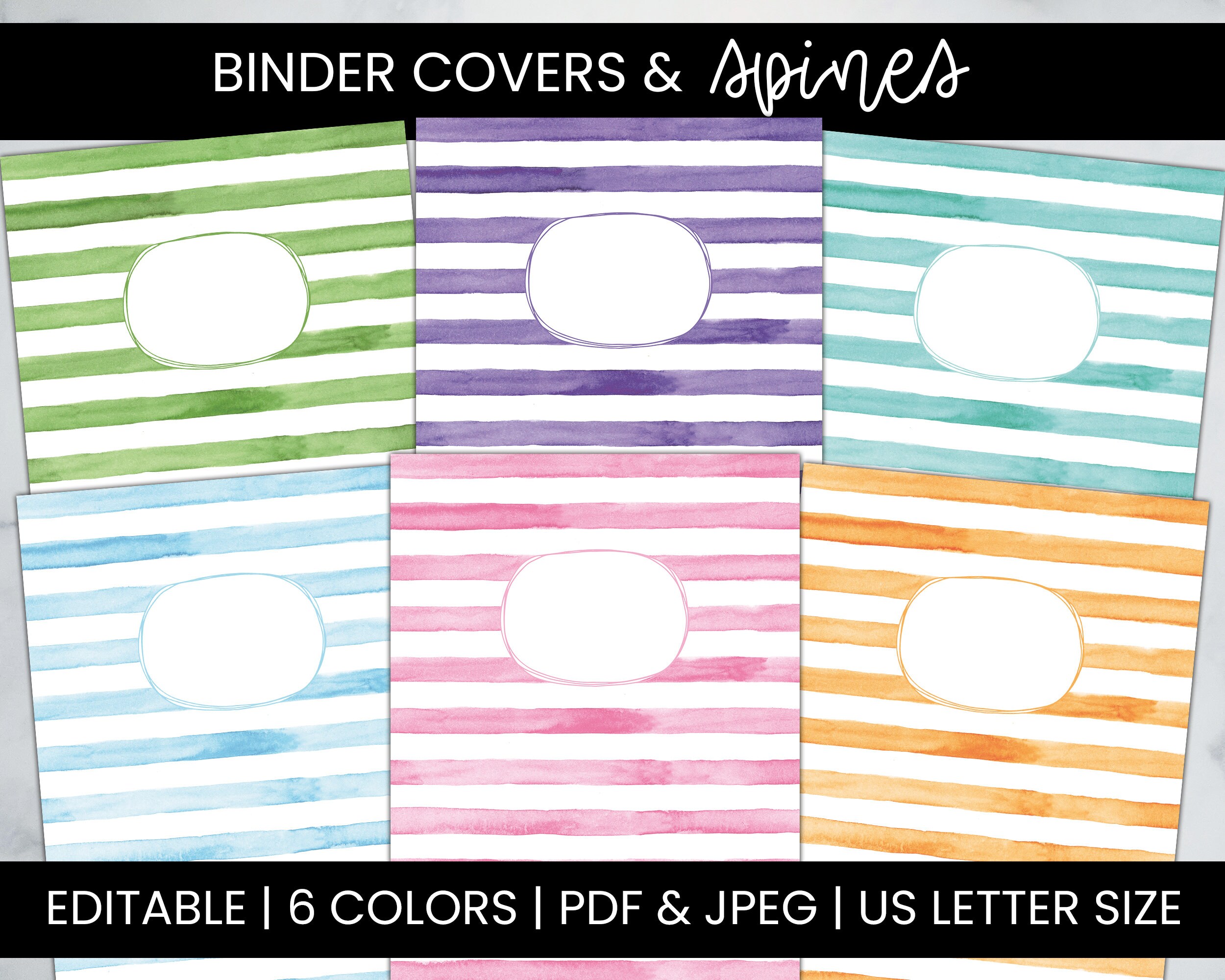 Binder Covers & Spines Editable Watercolor Stripes 6 Colors - Etsy