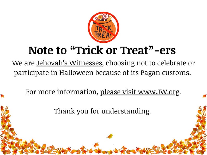 JW No Halloween Door Sign, Jehovahs Witnesses, No Trick or Treat - Etsy