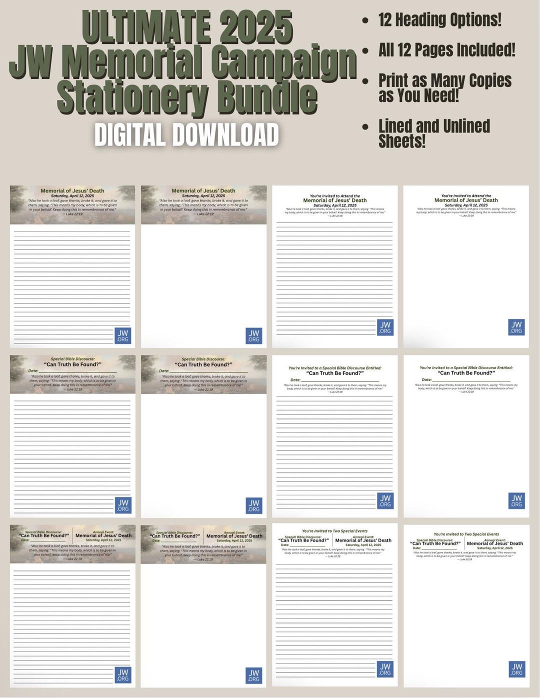 JW Memorial Letterhead 2025 ULTIMATE BUNDLE | 12 Sheets | Letter ...