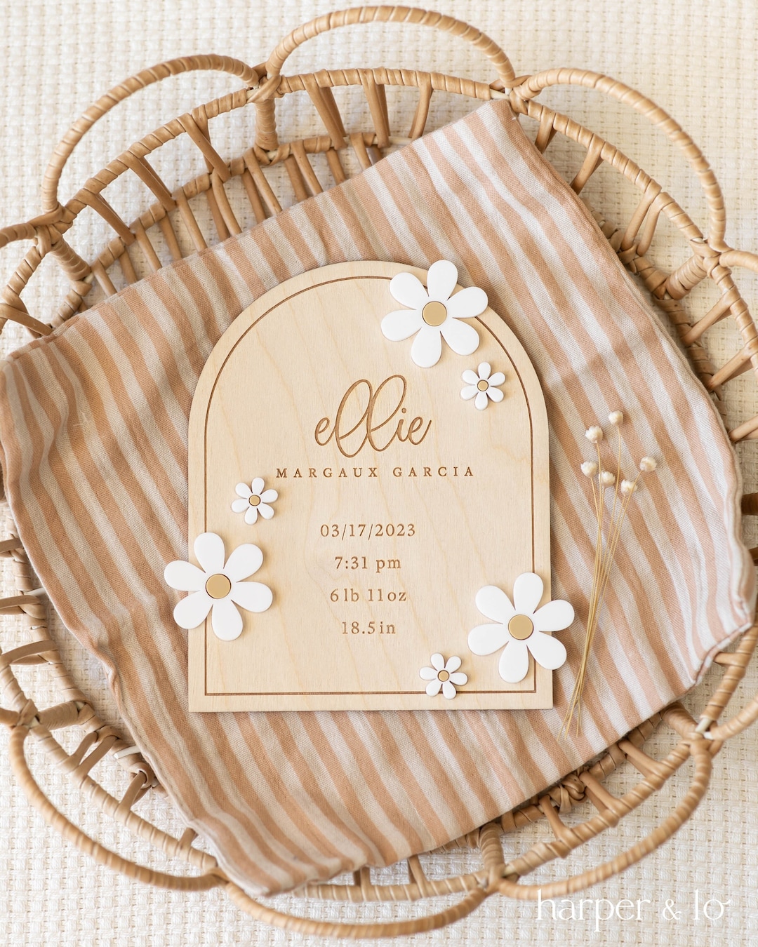 Wooden Daisy Flower Arched Baby Announcement Milestone With Birth Stats ...