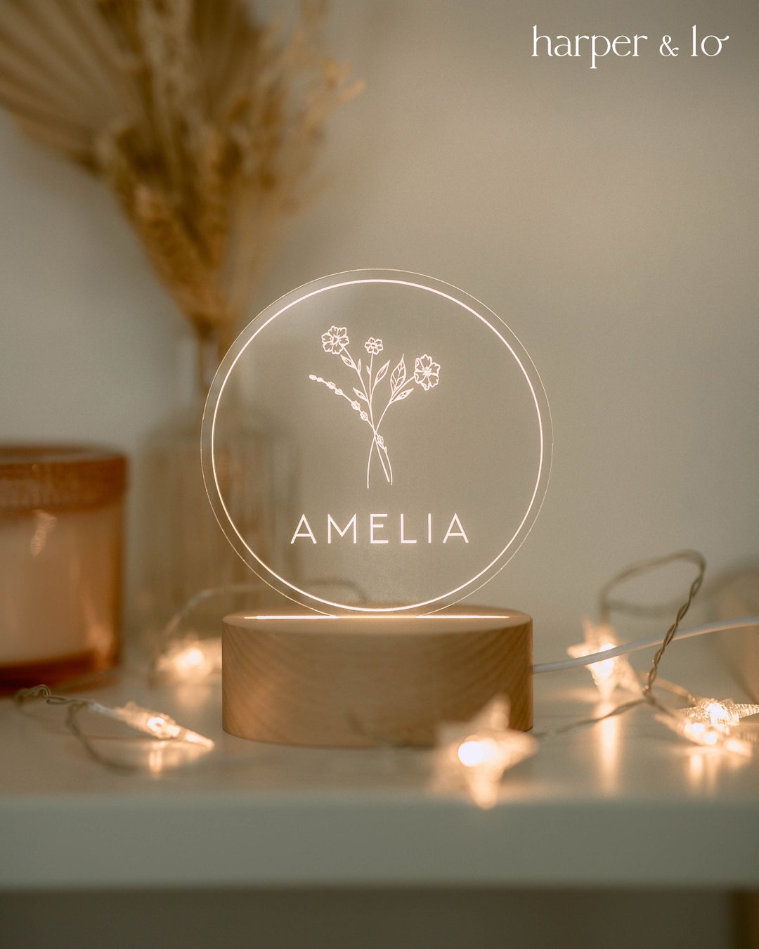 Personalized Acrylic Flower Night Light | Boho Night Floral LED Light ...