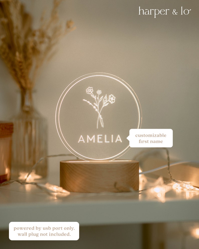Personalized Acrylic Flower Night Light | Boho Night Floral LED Light ...
