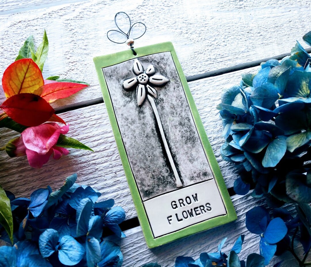 Grow Flowers Ceramic Tile | Handmade Green Ceramic Hanging Tile ...