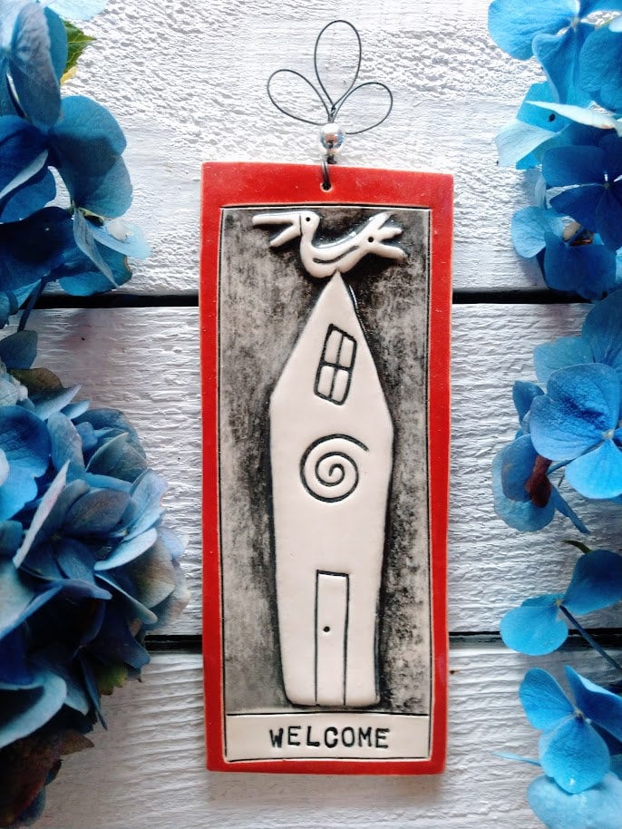 Welcome Ceramic Tile Handmade Red Ceramic Hanging Tile Ceramic Wall ...