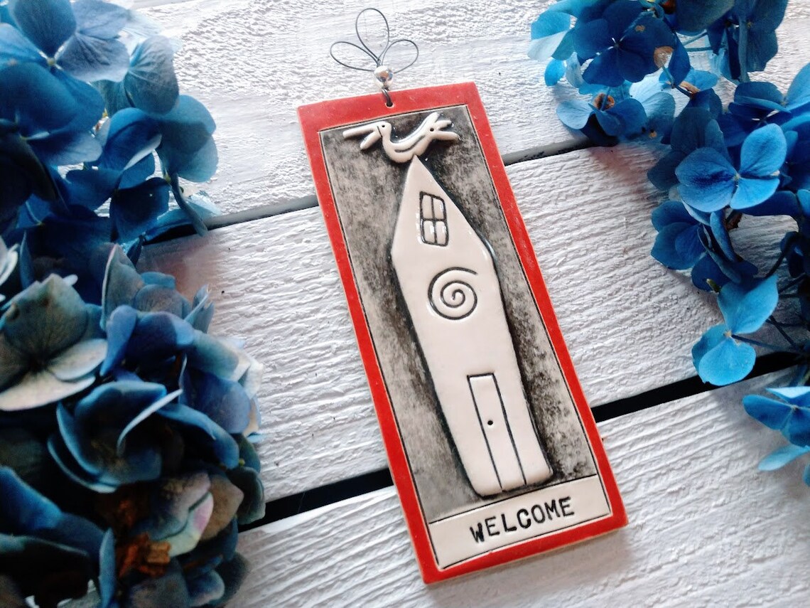 Welcome Ceramic Tile Handmade Red Ceramic Hanging Tile Ceramic Wall ...