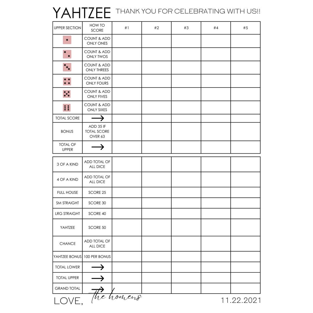 Customized Yahtzee Insprited Card | Gift | Favor - Etsy