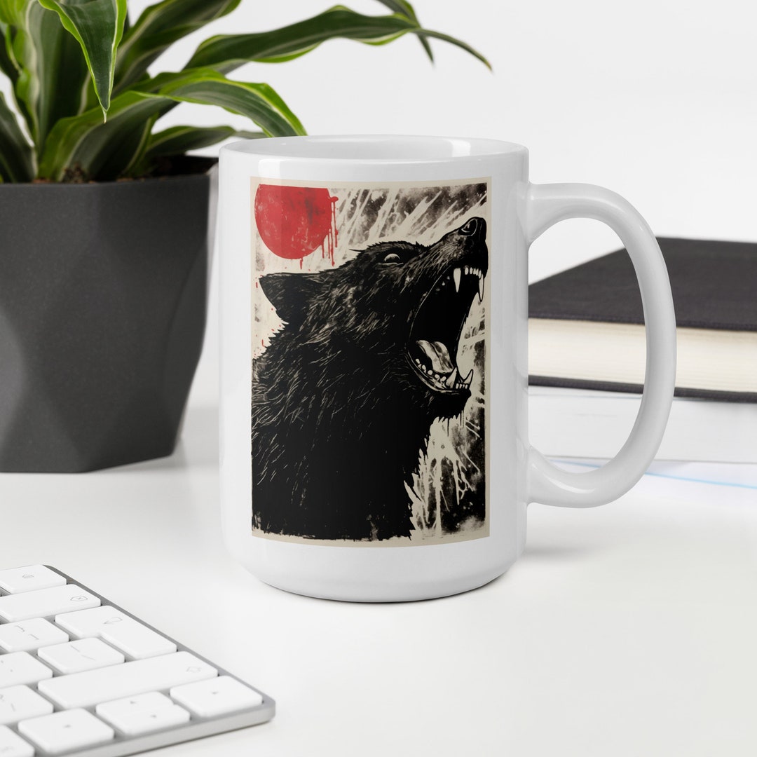Wolf Mug Blood Moon White Glossy Ceramic Mug Horror Merch Werewolf ...