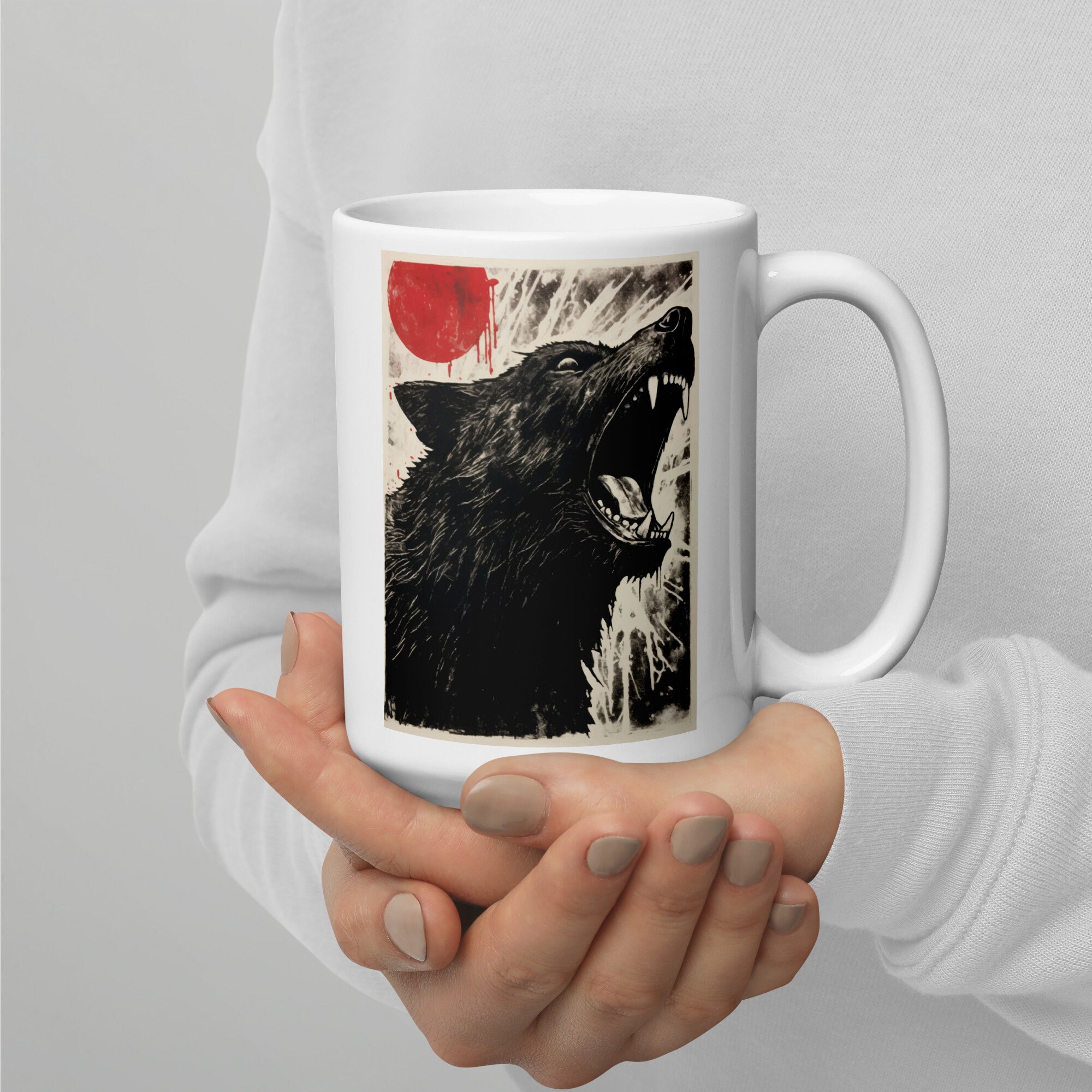 Wolf Mug Blood Moon White Glossy Ceramic Mug Horror Merch Werewolf ...