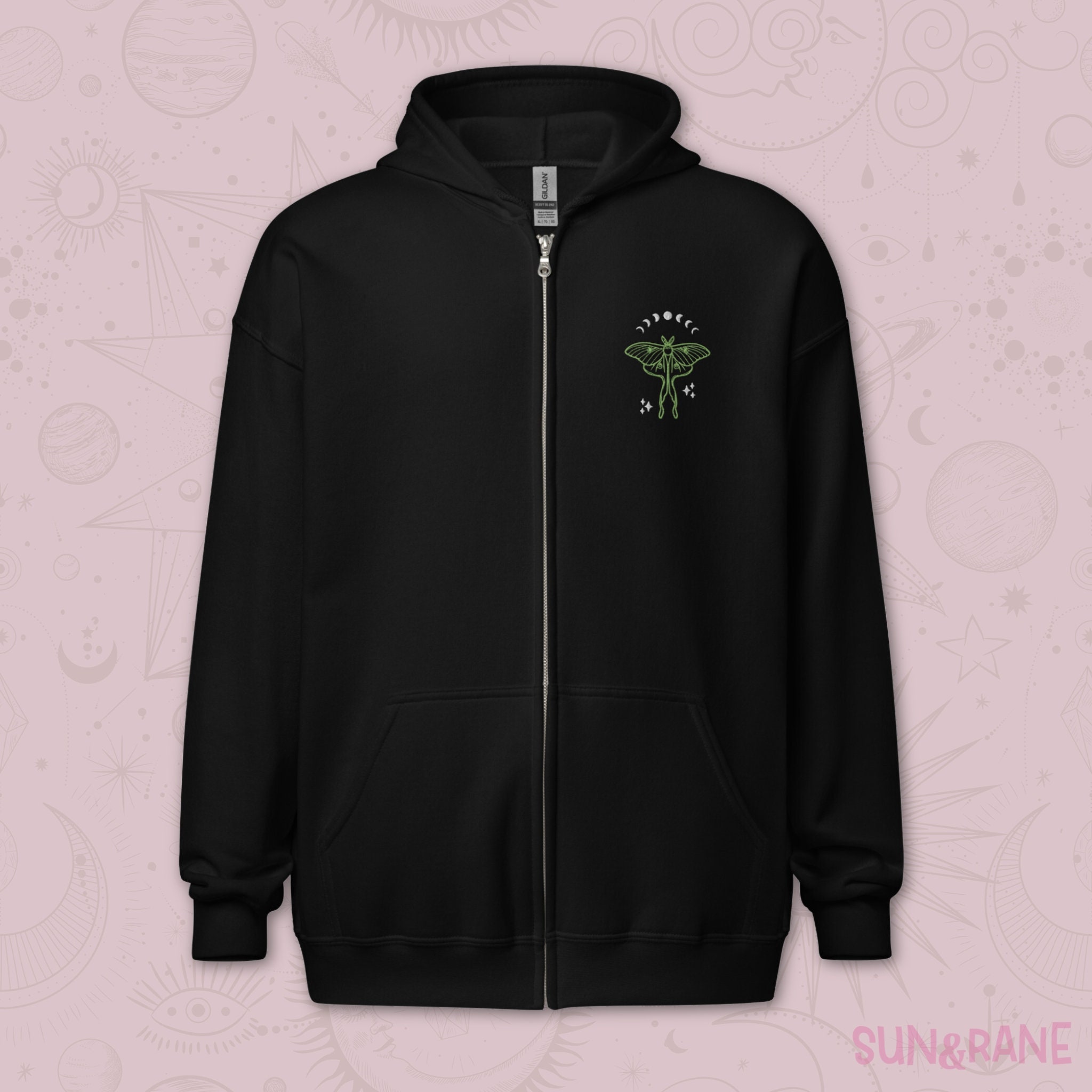 Luna Moth Embroidery Moth Jacket Embroidered Moth Hoodie Oversized Zip ...
