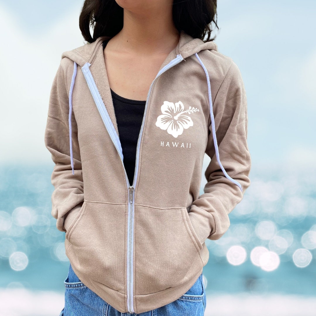 Hawaii Full Zip up Jacket Soft Sponge Fleece Sweatshirt Hibiscus Flower ...