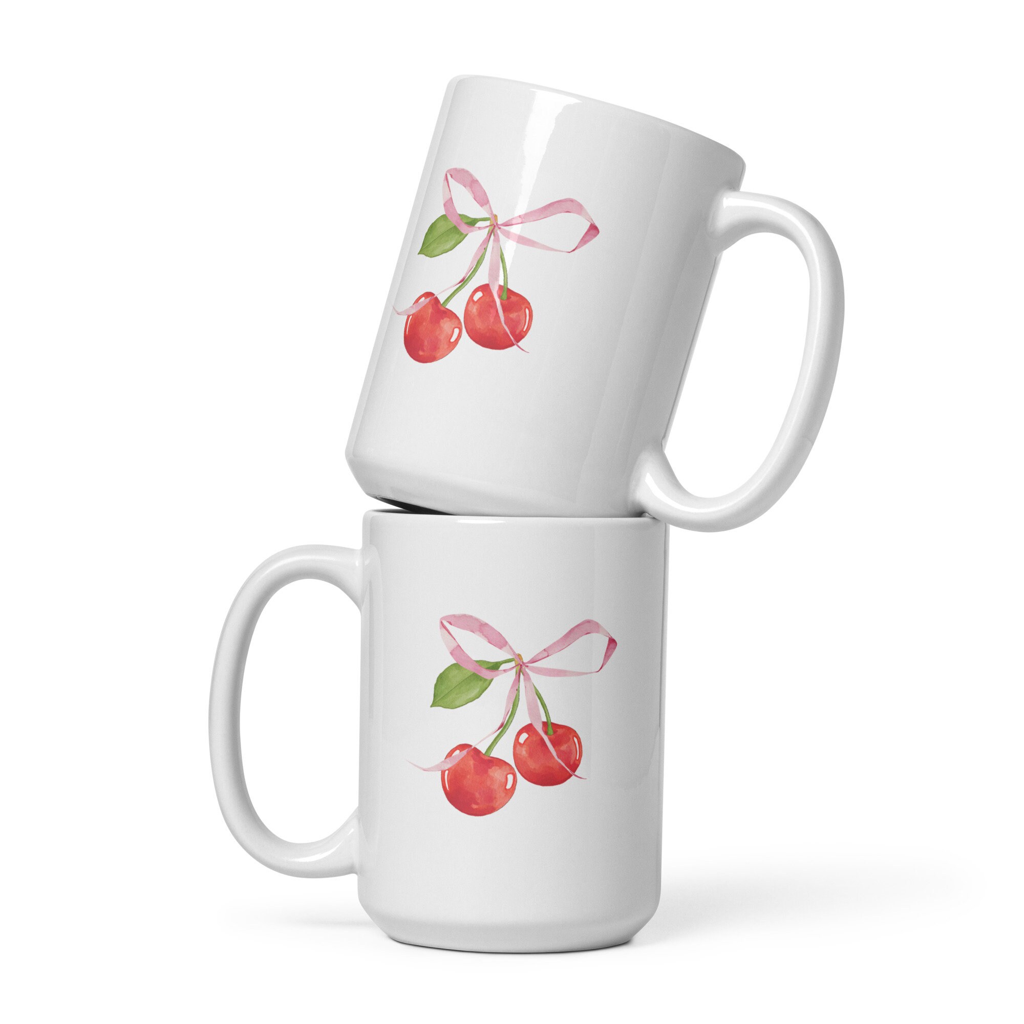 Cherry Mug Coquette Aesthetic White Glossy Ceramic Mugs Pink Ribbon Bow ...