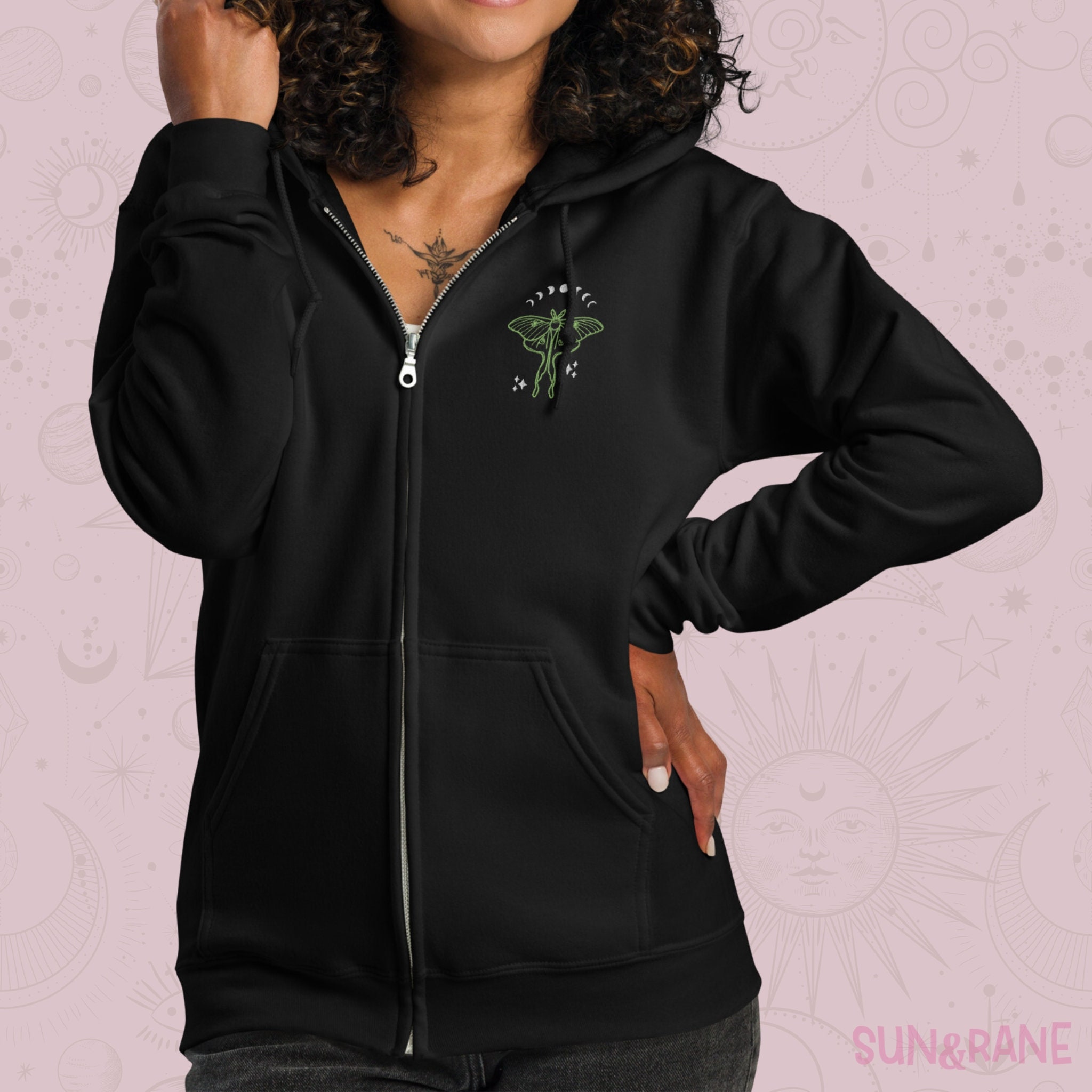 Luna Moth Embroidery Moth Jacket Embroidered Moth Hoodie Oversized Zip ...