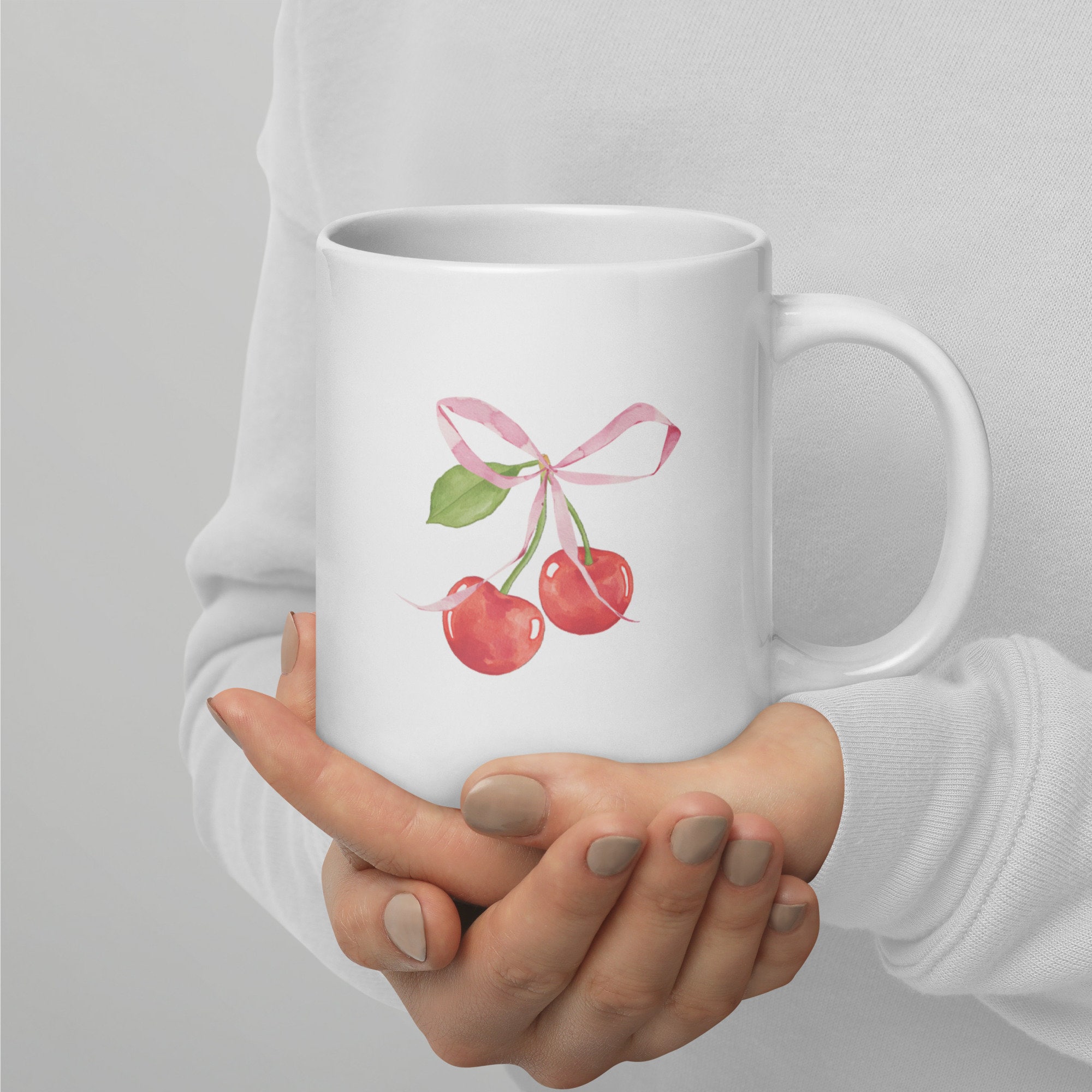 Cherry Mug Coquette Aesthetic White Glossy Ceramic Mugs Pink Ribbon Bow ...