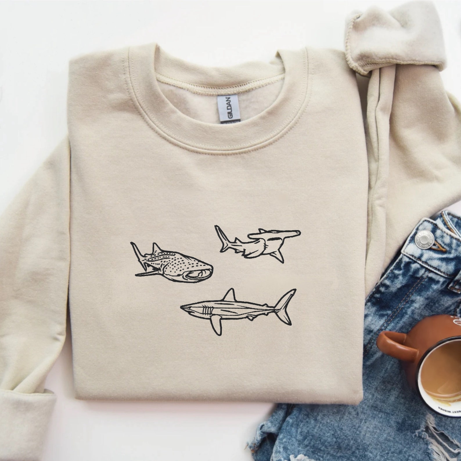 Embroidered Shark Sweatshirt Hammerhead Shark Sweater Coconut Girl ...