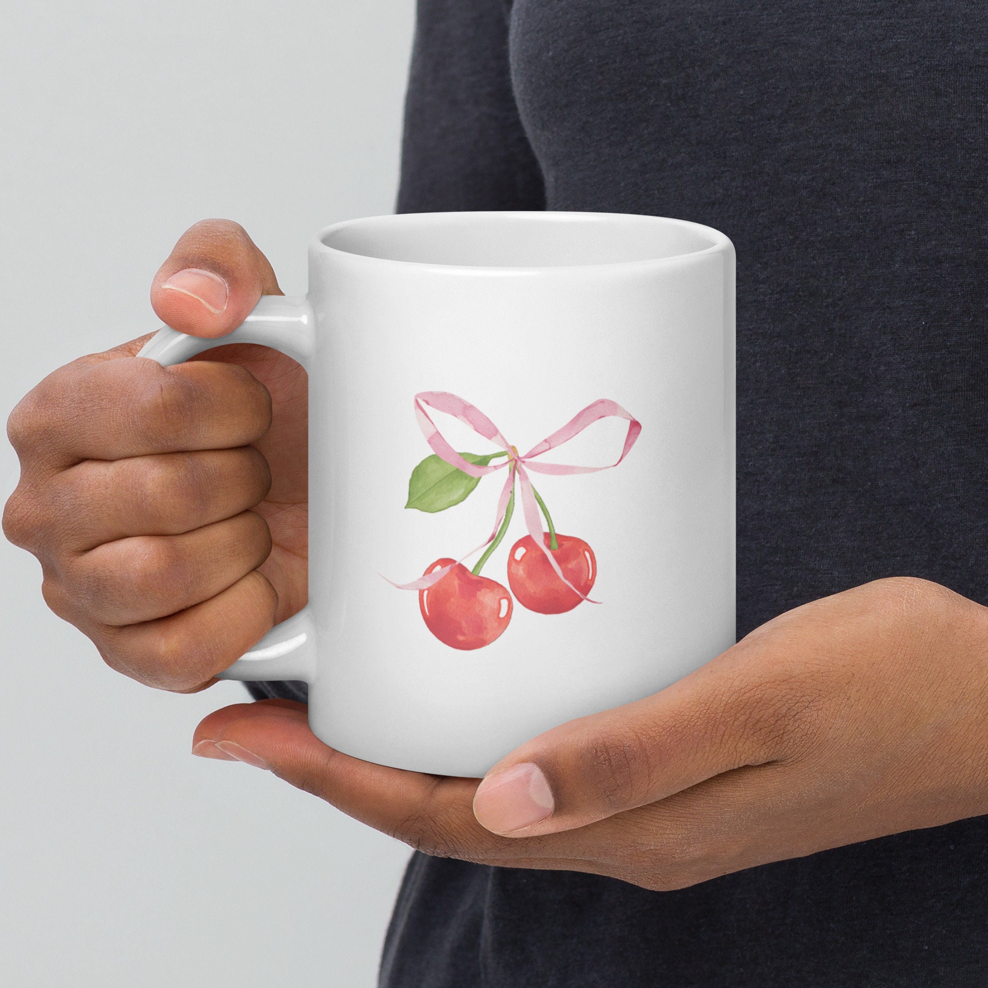 Cherry Mug Coquette Aesthetic White Glossy Ceramic Mugs Pink Ribbon Bow ...