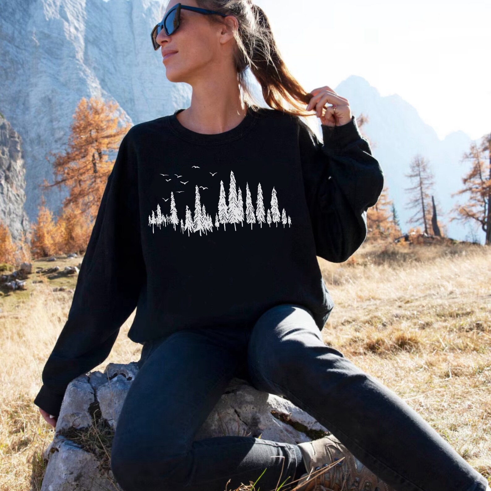 Pine Tree on Green Shirt Woodland Sweatshirt Outdoorsy Gifts Birds ...