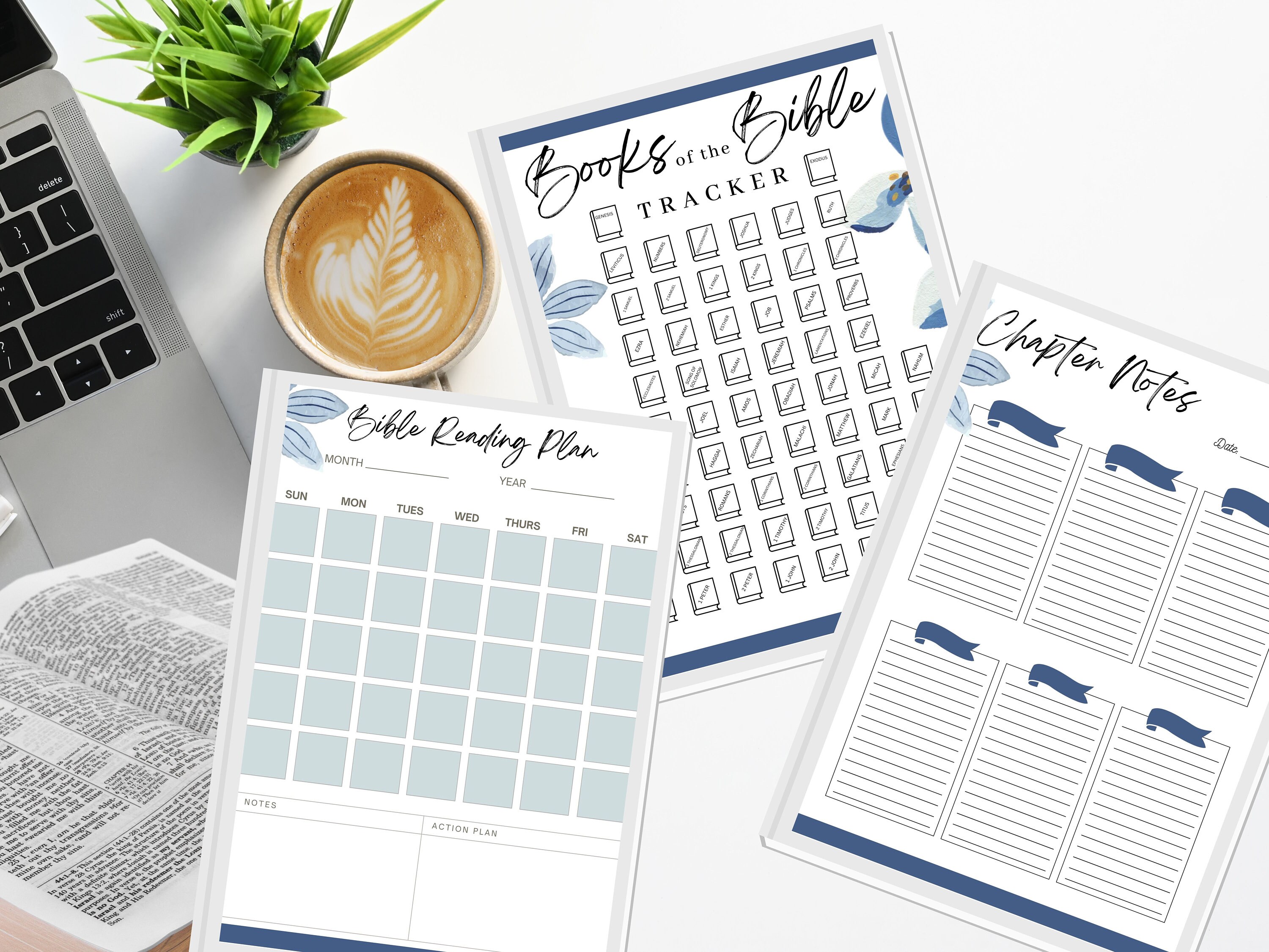 Bible Reading Tracker, Blue Bible Study Calendar, Floral Bible Reading ...