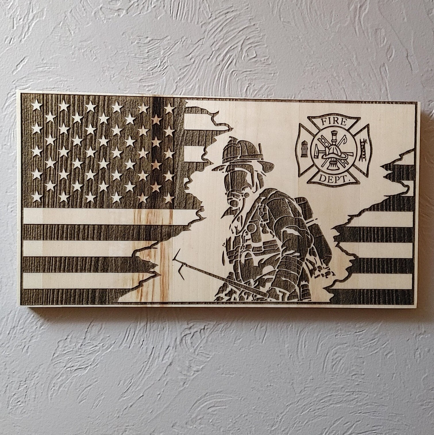 Firefighter Tattered Flag Hand Crafted Laser Engraved Wall - Etsy