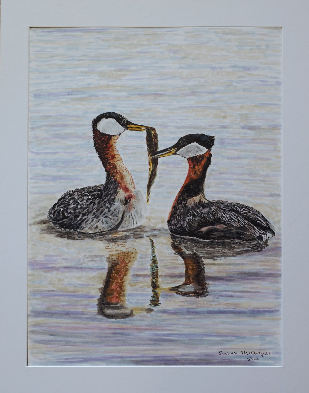Red-necked Grebe, Original Felt-tip Pen Drawing, Fine Art, Matted ...