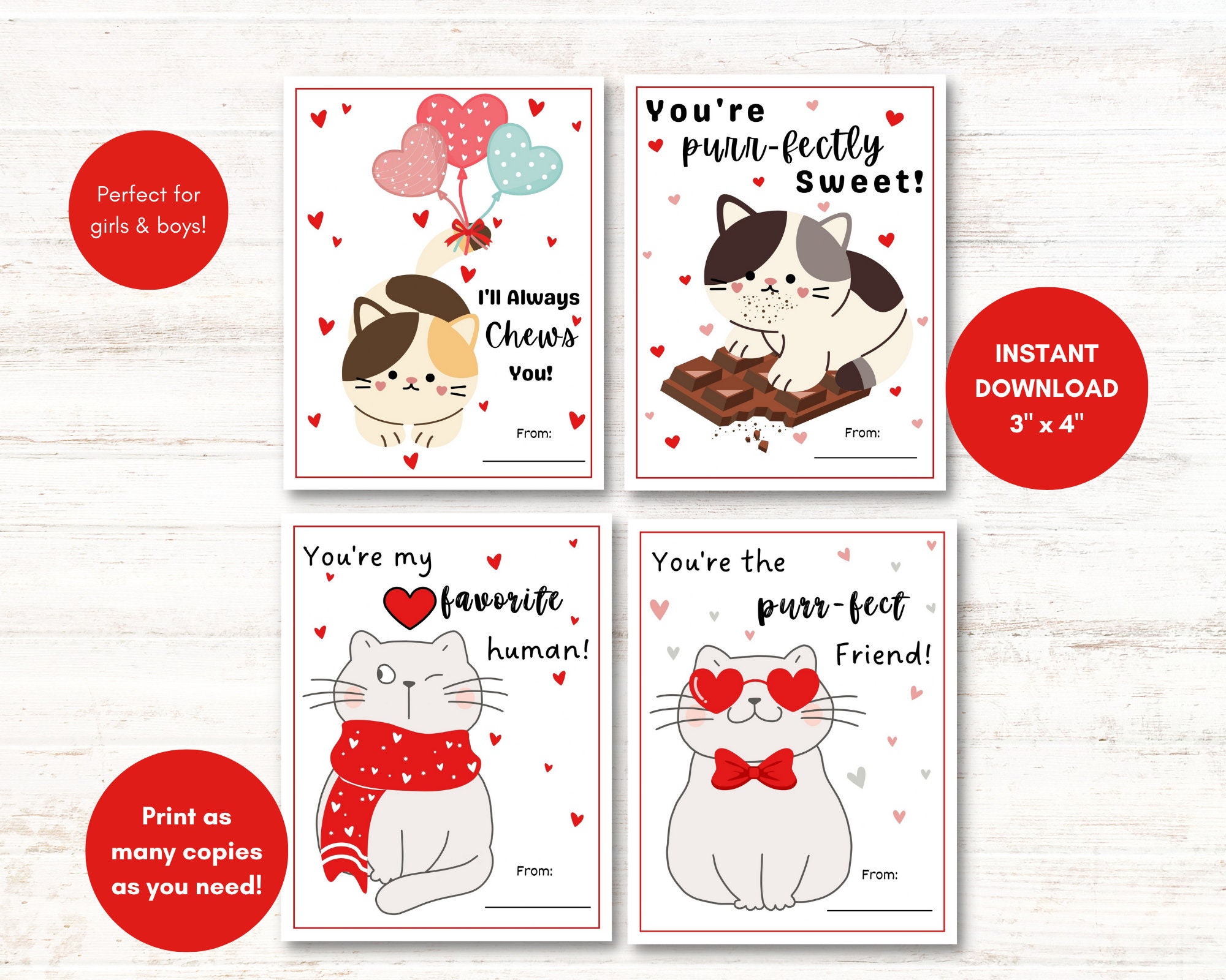 Cat Valentine Card, Valentines Day Card for Kids, Cat Valentine Tag ...