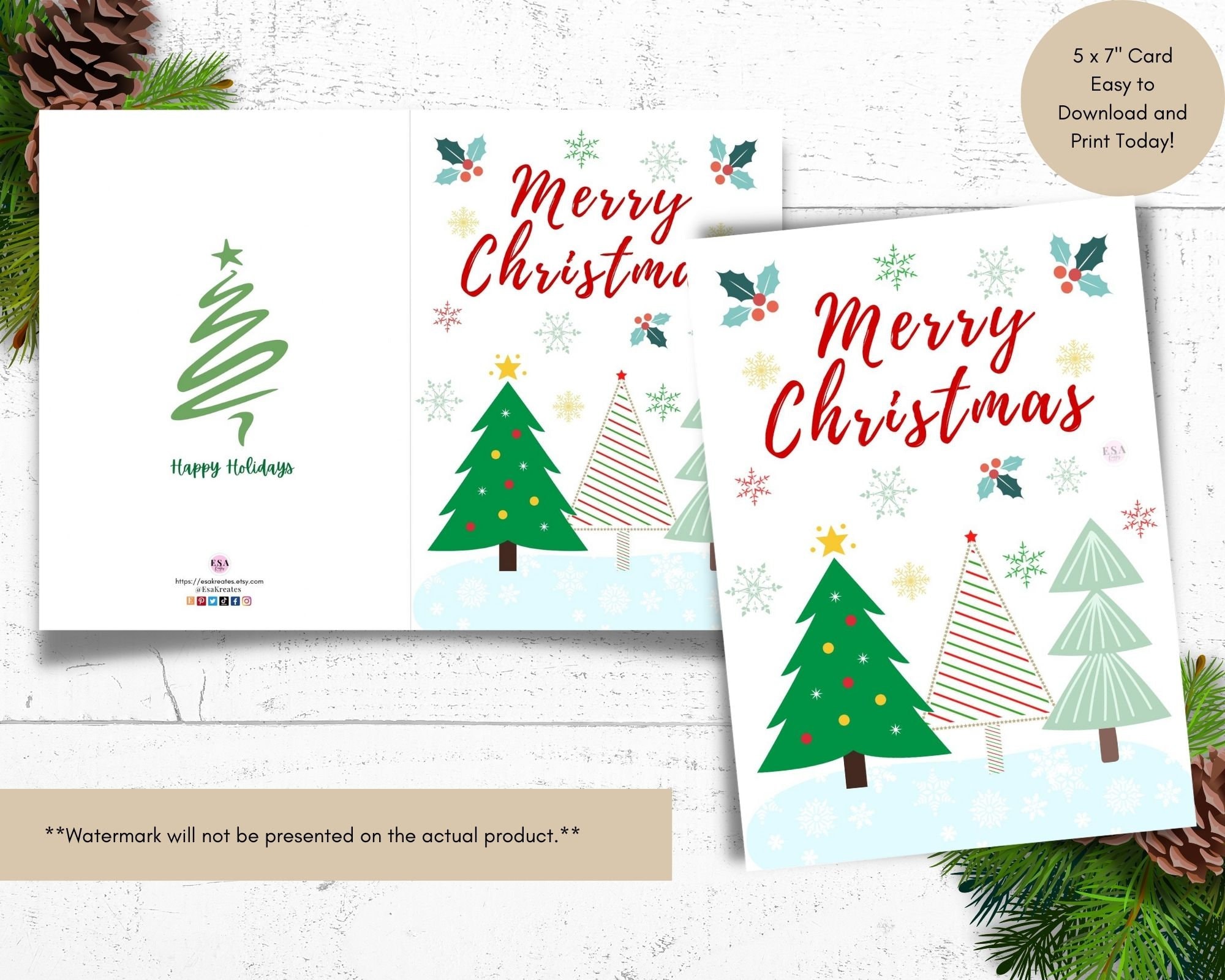 Merry Christmas Card, Printable Christmas Tree Card, Christmas Greeting ...