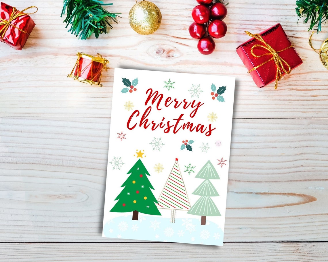 Merry Christmas Card, Printable Christmas Tree Card, Christmas Greeting ...