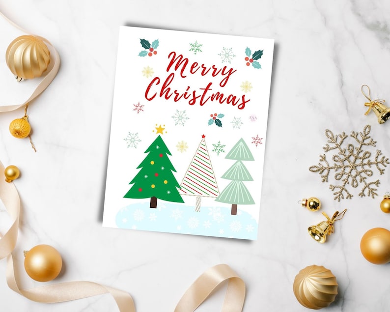Merry Christmas Card, Printable Christmas Tree Card, Christmas Greeting ...