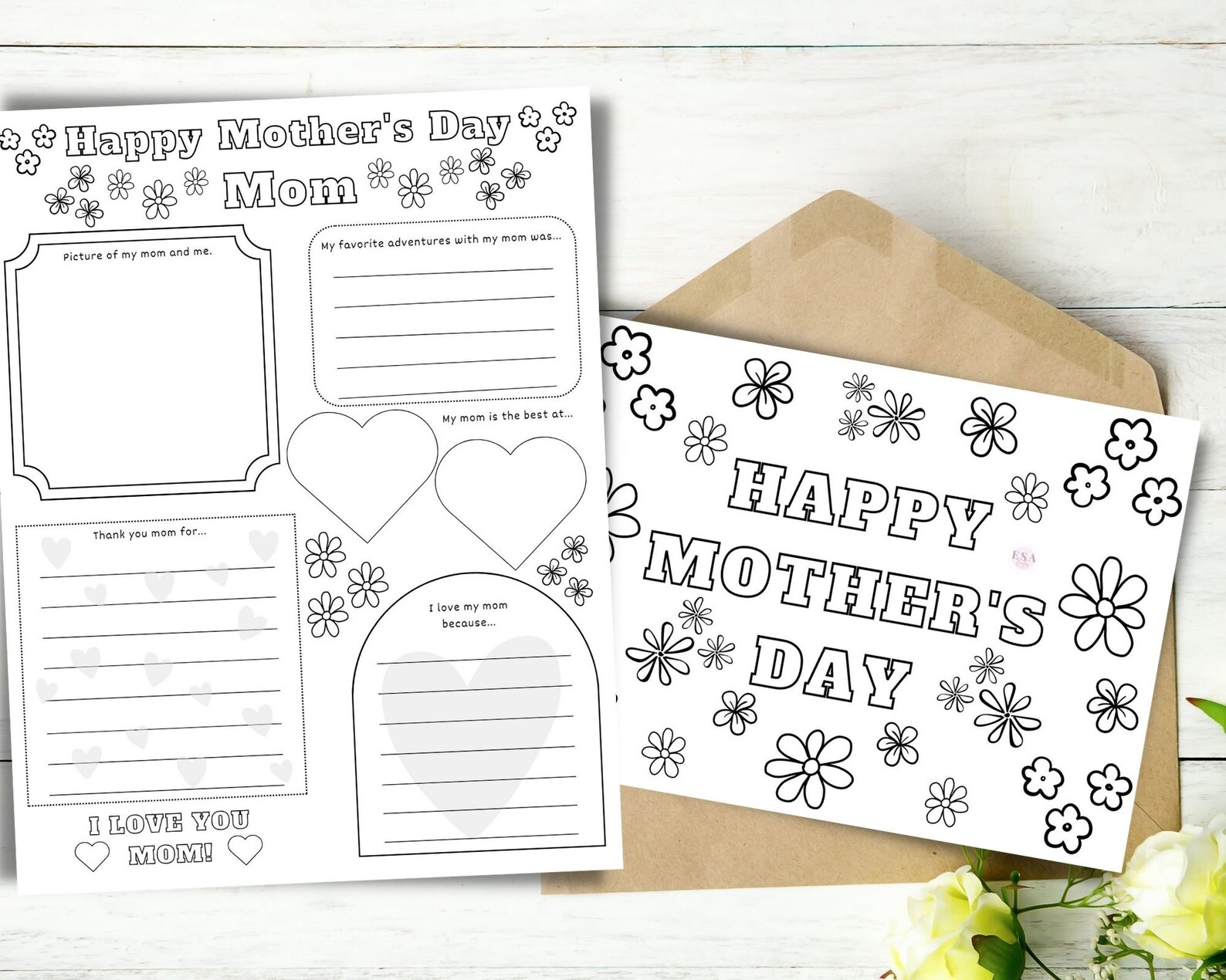 Printable Mothers Day Coloring Card for Kids, Mom Questionnaire and ...