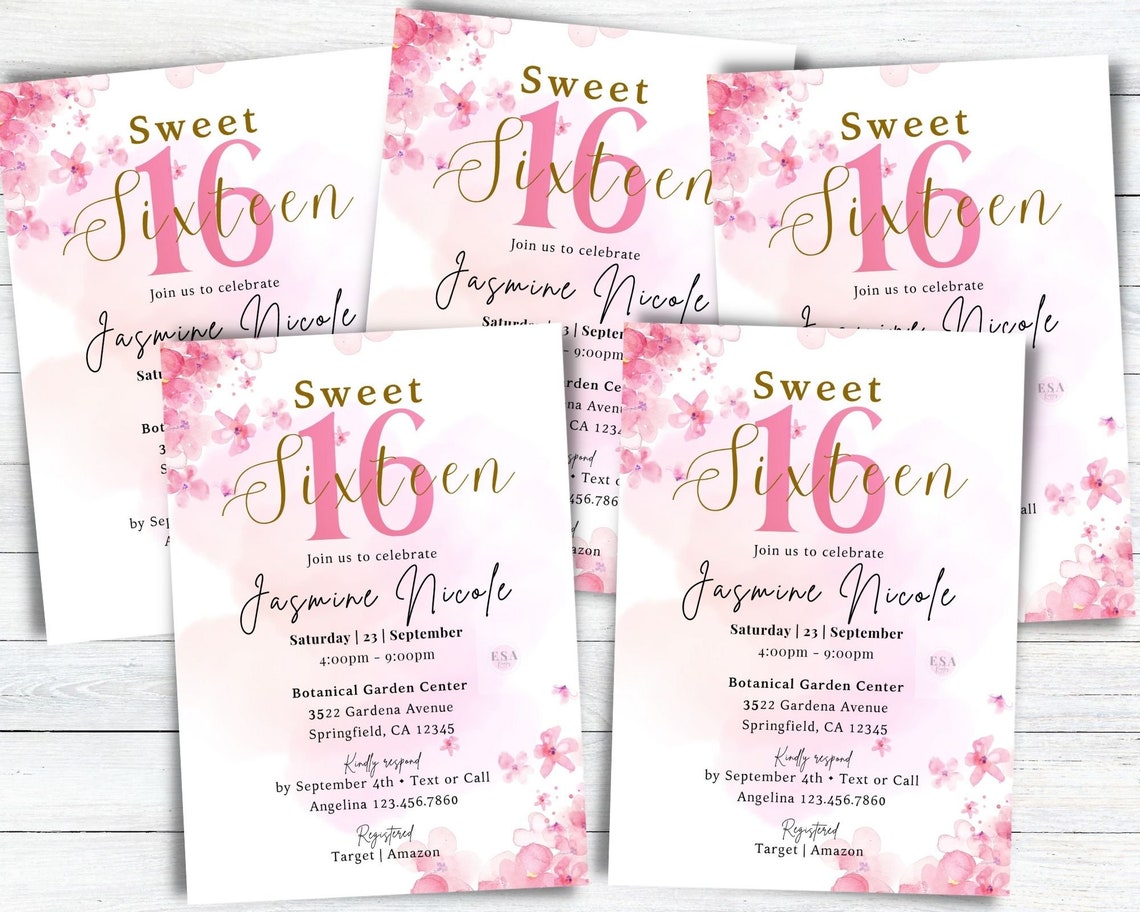 Sweet 16 Invitation Template: Minimalist Floral Design (canva Editable ...