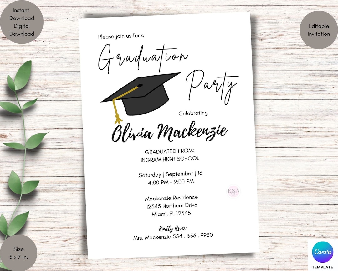 Minimalist Graduation Invitation Template: 5x7 Announcement (digital ...