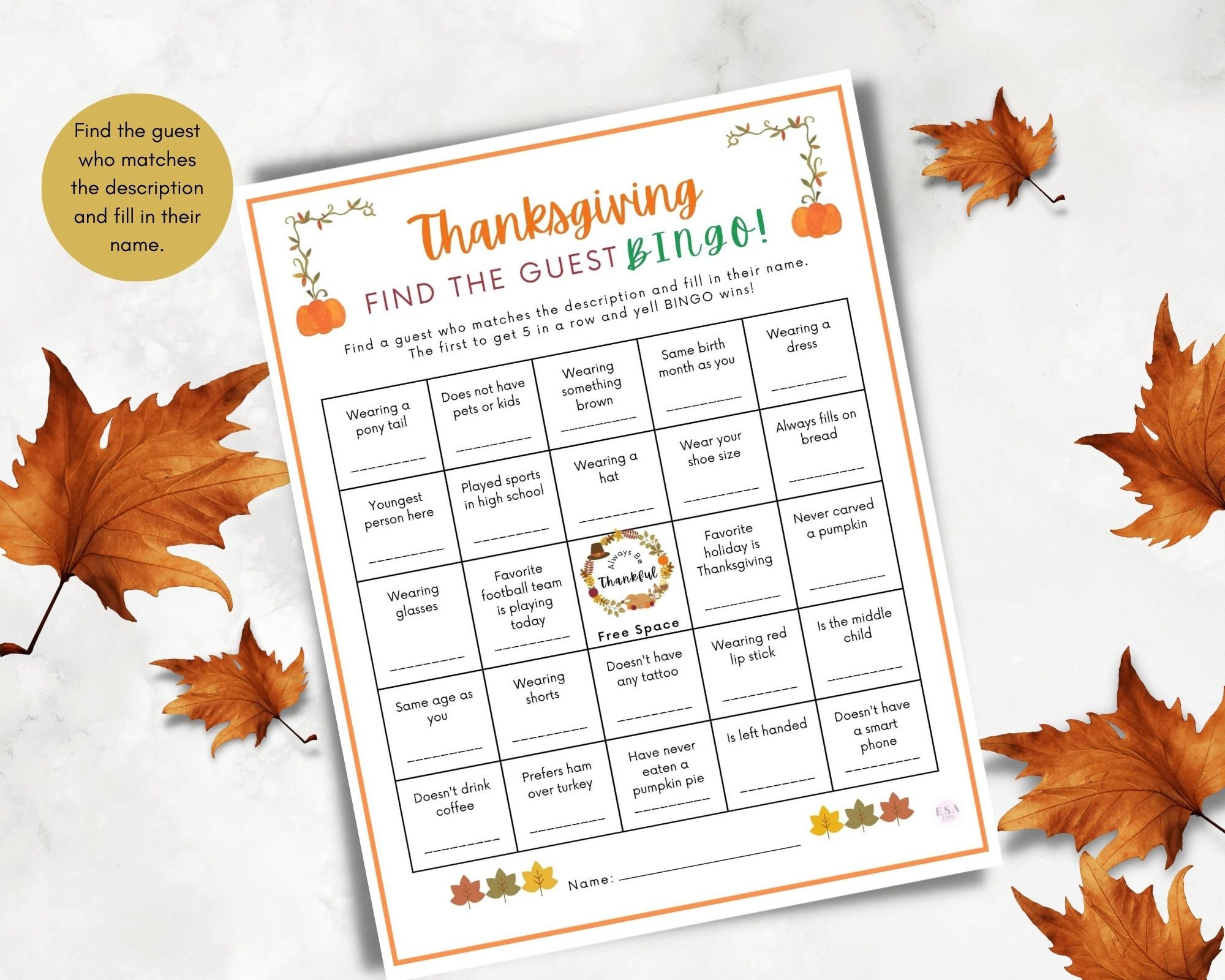 Thanksgiving Bingo Find the Guest Game, Thanksgiving Printable Games ...