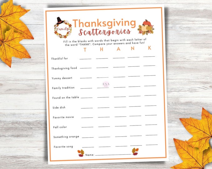 Thanksgiving Games, Printable Scattergories Game for Thanksgiving ...