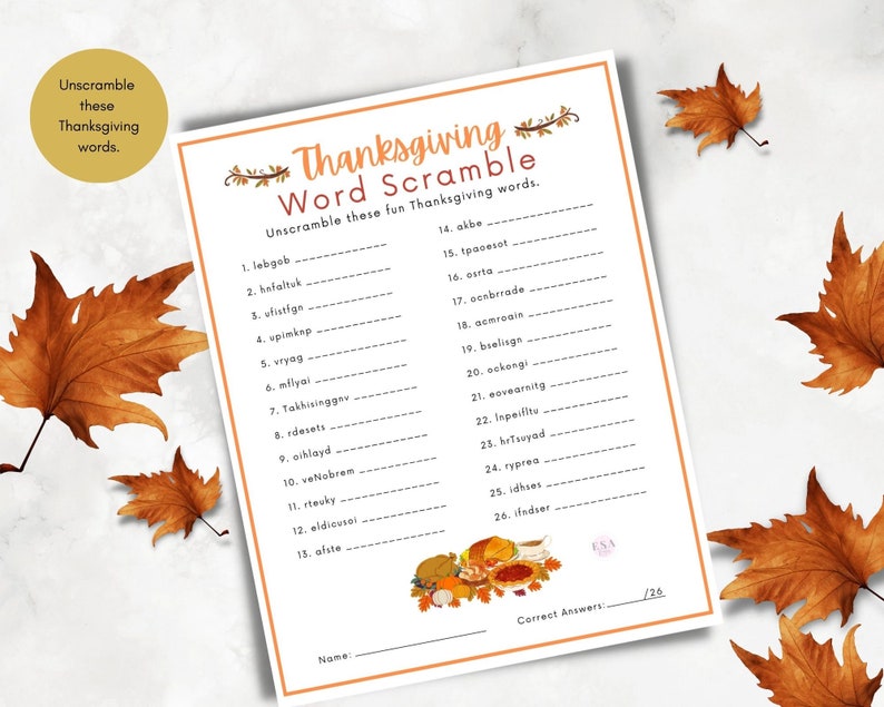 Thanksgiving Word Scramble Game: Printable Family Activity (PDF) - Etsy