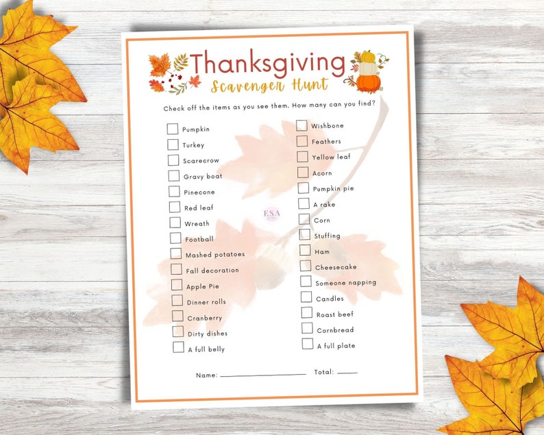 Scavenger Hunt Thanksgiving Game, Printable Scavenger Hunt Game ...