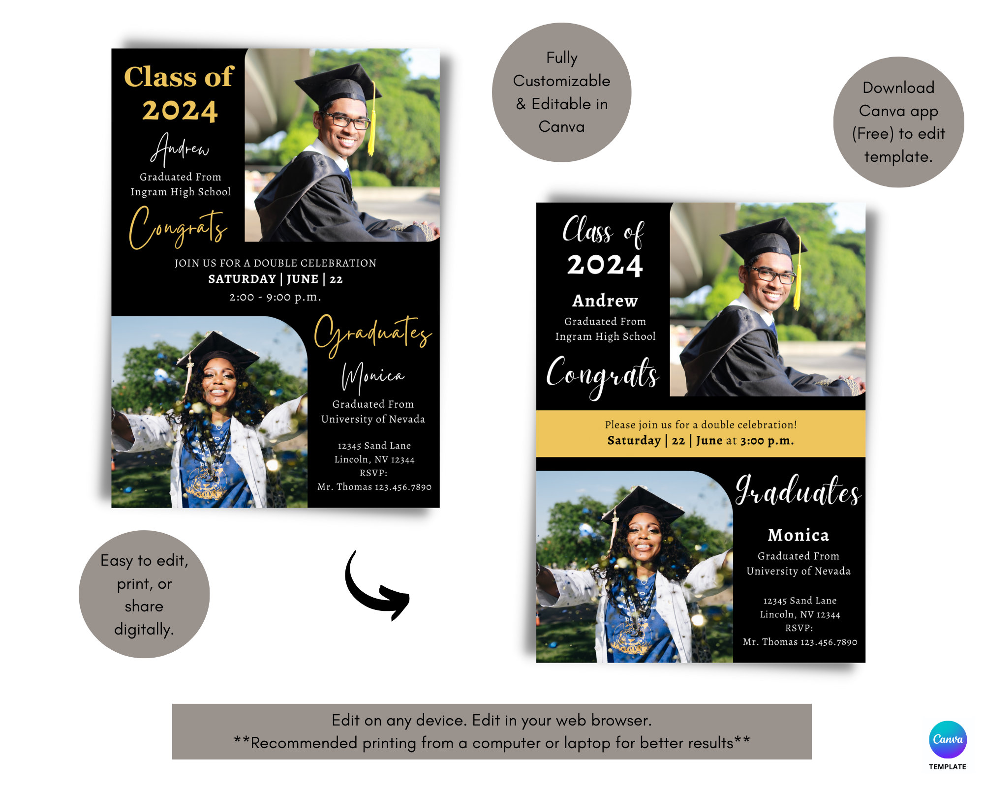 Graduation Party Invitation Template, Two Graduates Invitation With ...