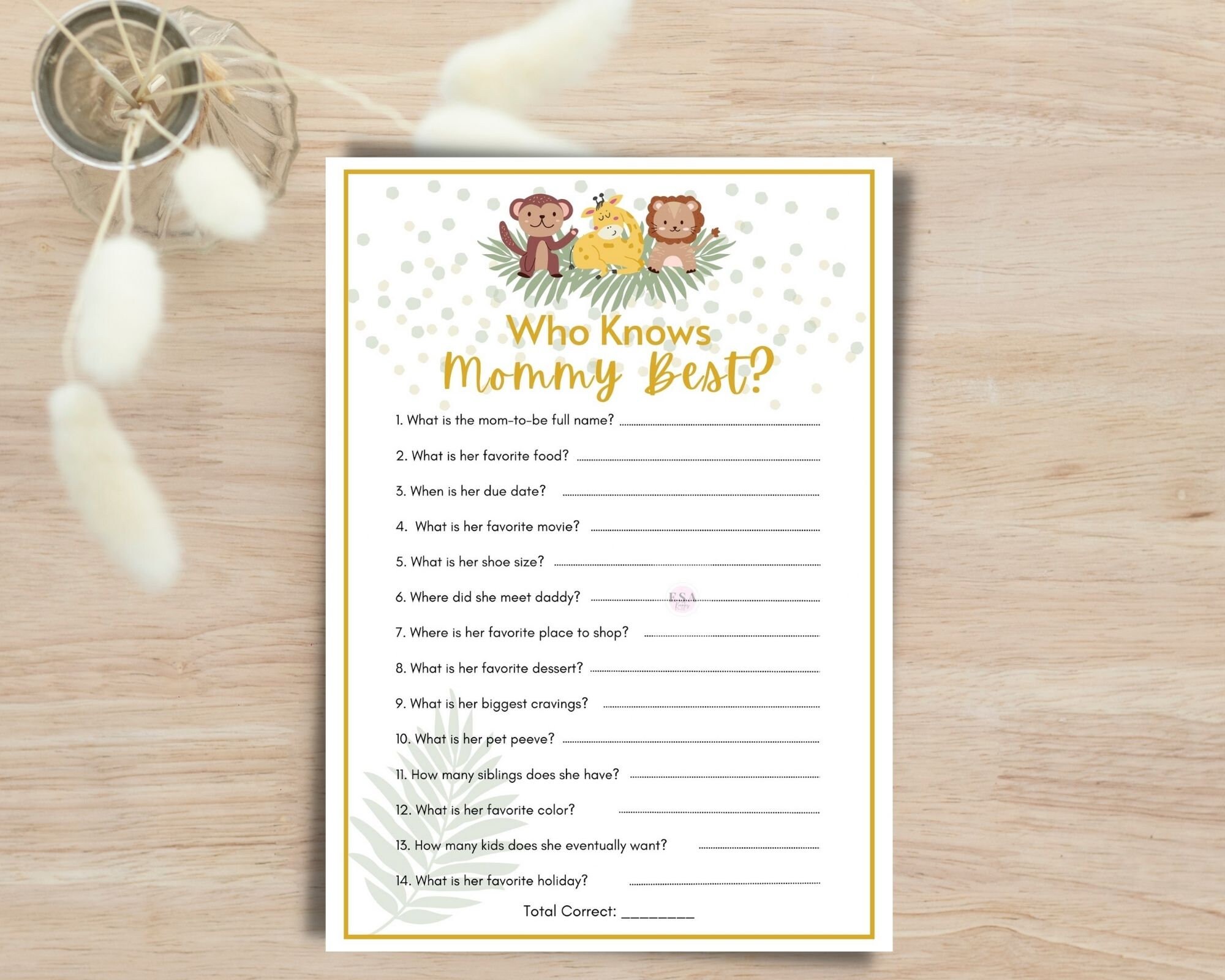 Who Knows Mommy Best Game, Mommy Questionnaire Game, Safari Baby Shower ...