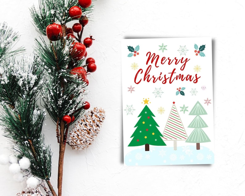 Merry Christmas Card, Printable Christmas Tree Card, Christmas Greeting ...