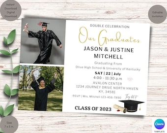 Graduation Party Invitation Template, Two Graduates Invitation With ...
