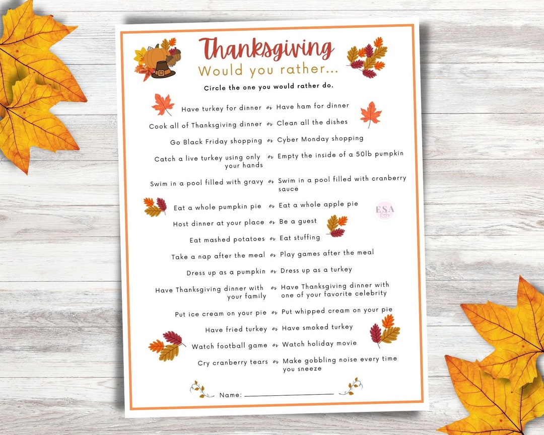 Would You Rather Thanksgiving Game, Would You Rather Thanksgiving ...