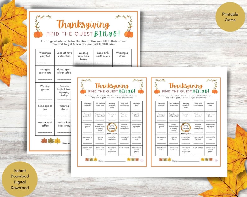 Thanksgiving Bingo Find the Guest Game, Thanksgiving Printable Games ...