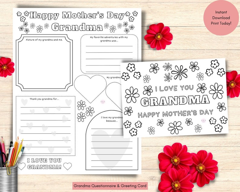 Grandma Printable Mothers Day Coloring Card for Kids, Grandma ...