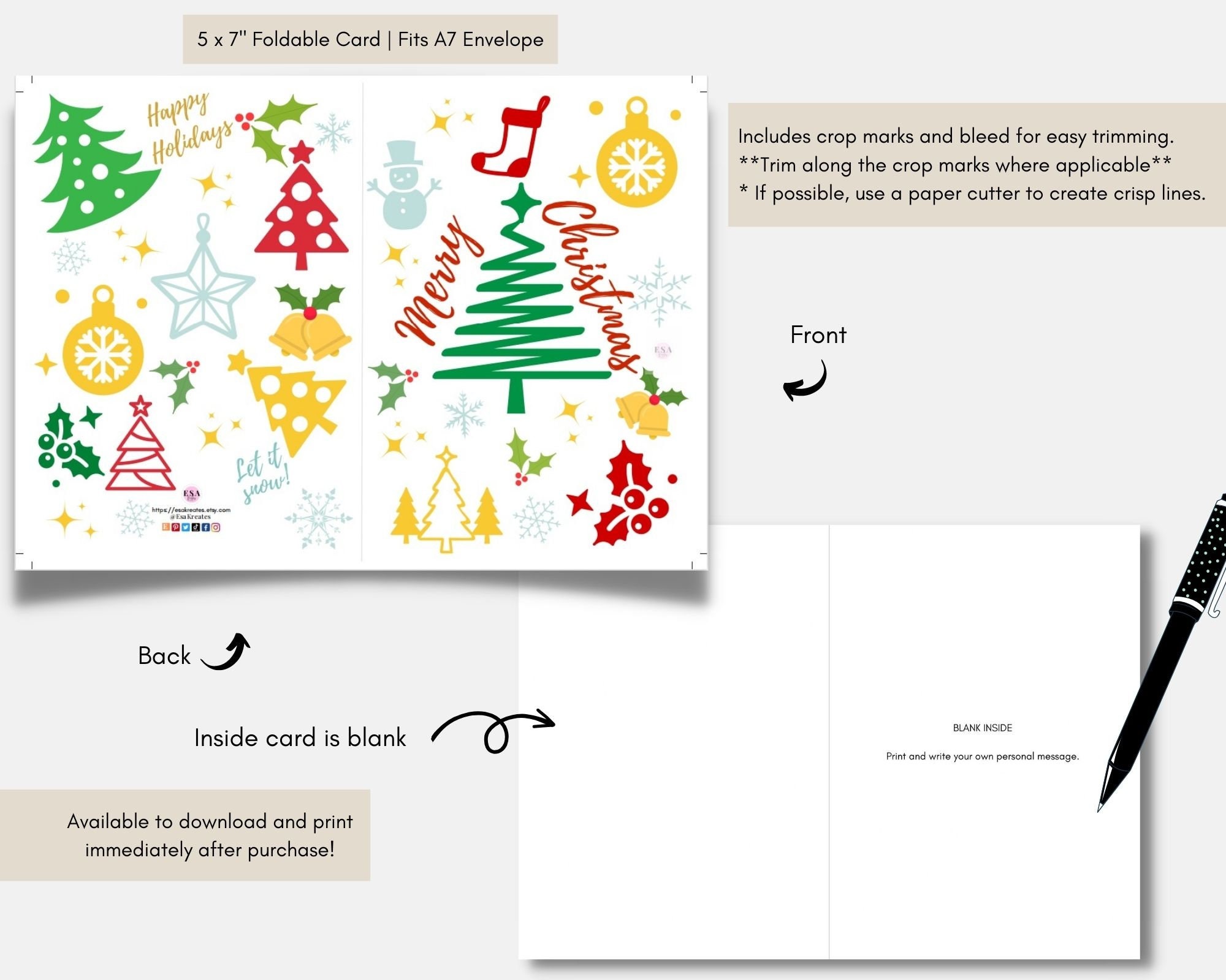 Printable Christmas Cards: Holiday Set of 4 (digital Download) - Etsy