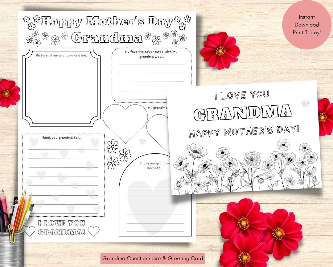 Grandma Printable Mothers Day Coloring Card for Kids, Grandma ...