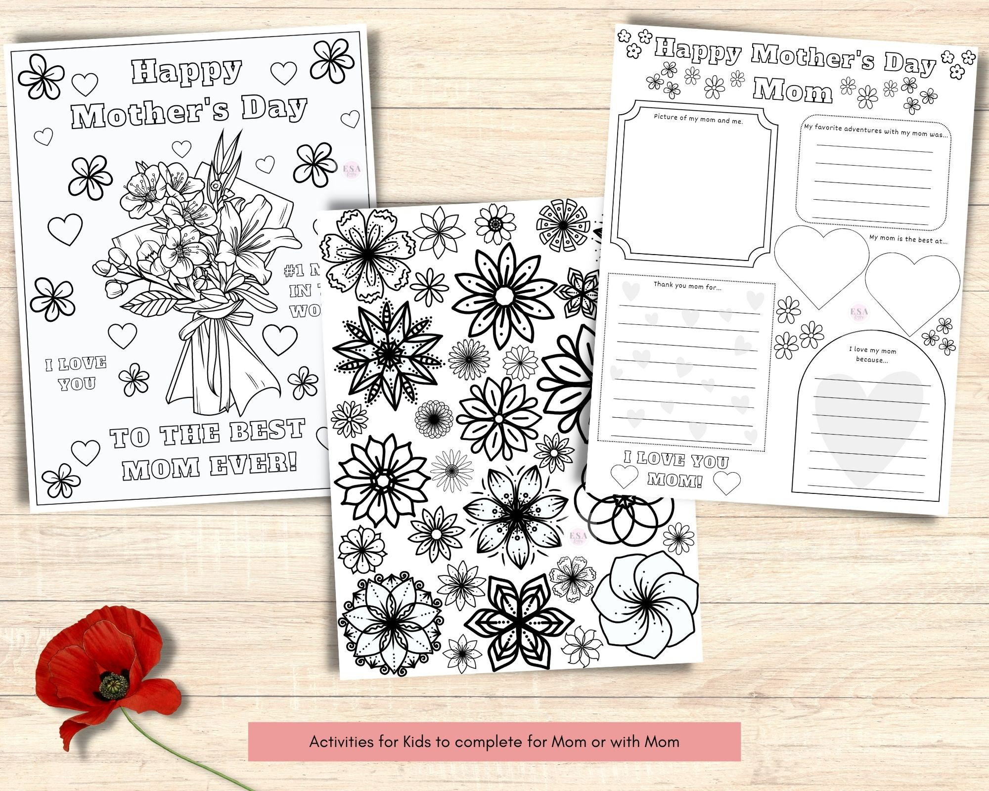 Printable Mothers Day Coloring Card for Kids, Mom Questionnaire and ...