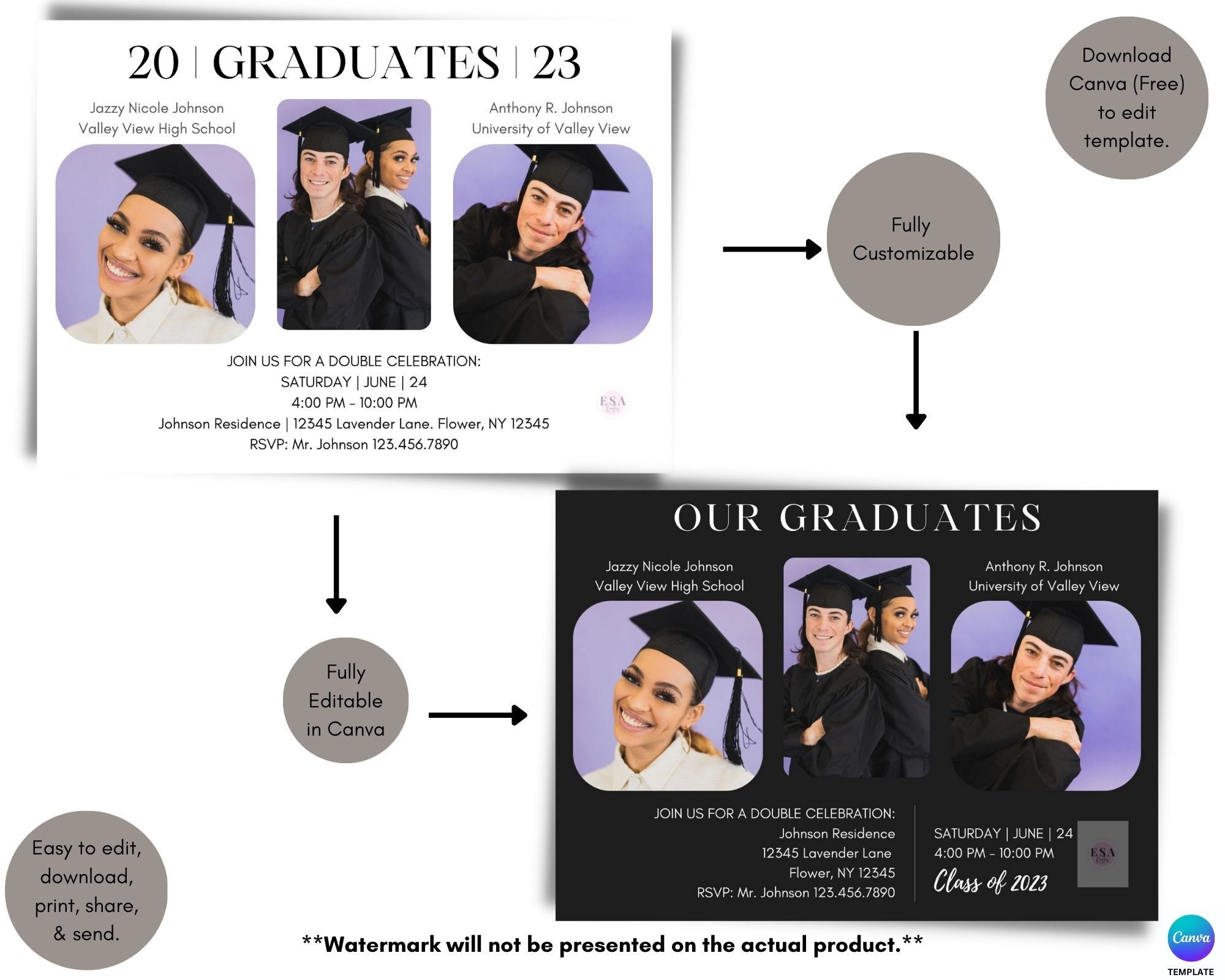 Double Graduation Party Invitation Template: Photo Collage (digital ...