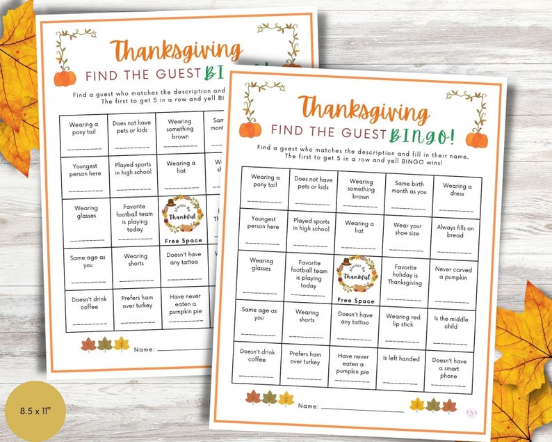 Thanksgiving Bingo Find the Guest Game, Thanksgiving Printable Games ...