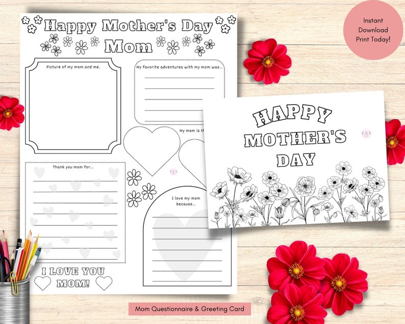 Printable Mothers Day Coloring Card for Kids, Mothers Day Questionnaire ...