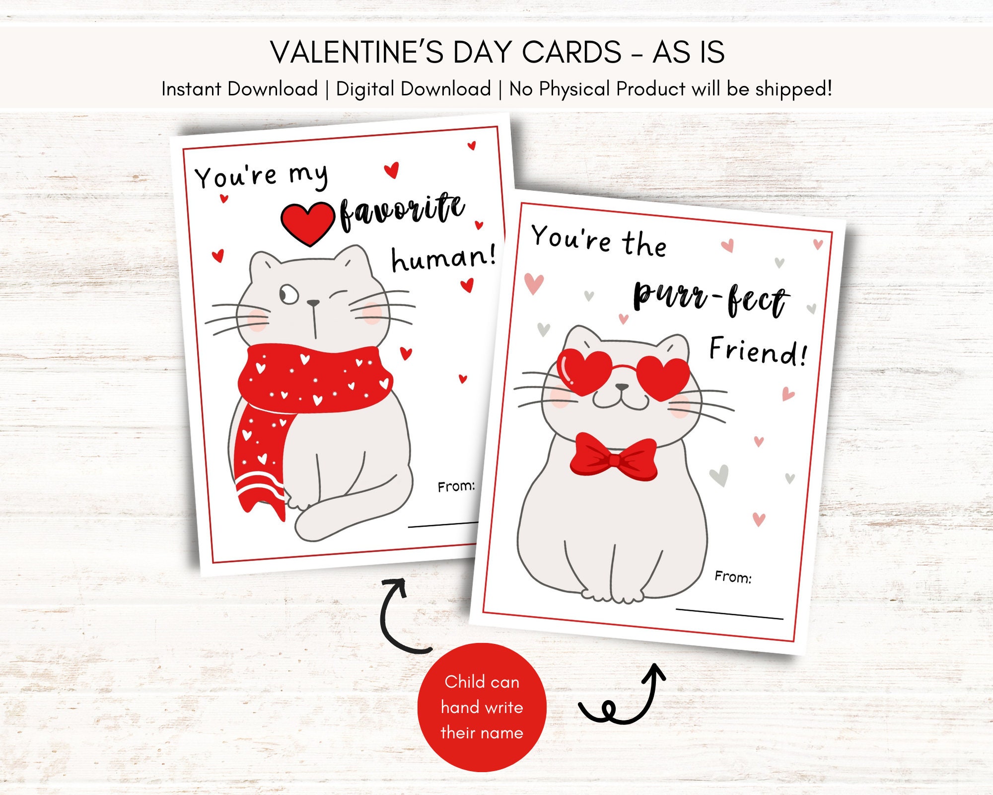 Cat Valentine Card, Valentines Day Card for Kids, Cat Valentine Tag ...